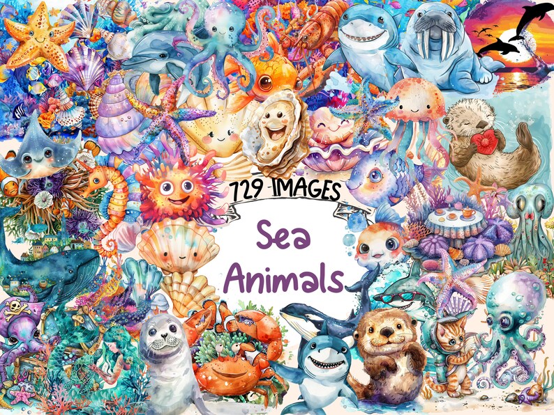 Watercolor Sea Animals Clipart Bundle: 729 PNG Marine Wildlife Images ...