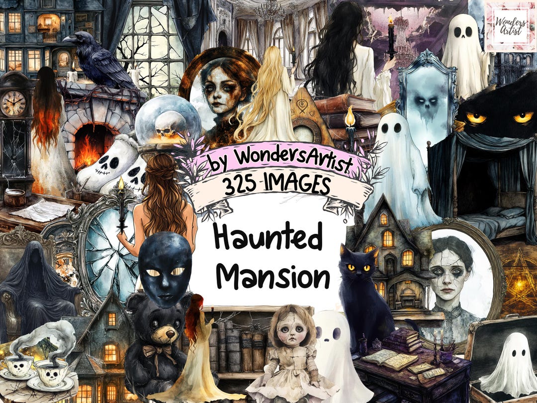 Haunted Mansion Watercolor Clipart Bundle: 325 Spooky PNG Images ...