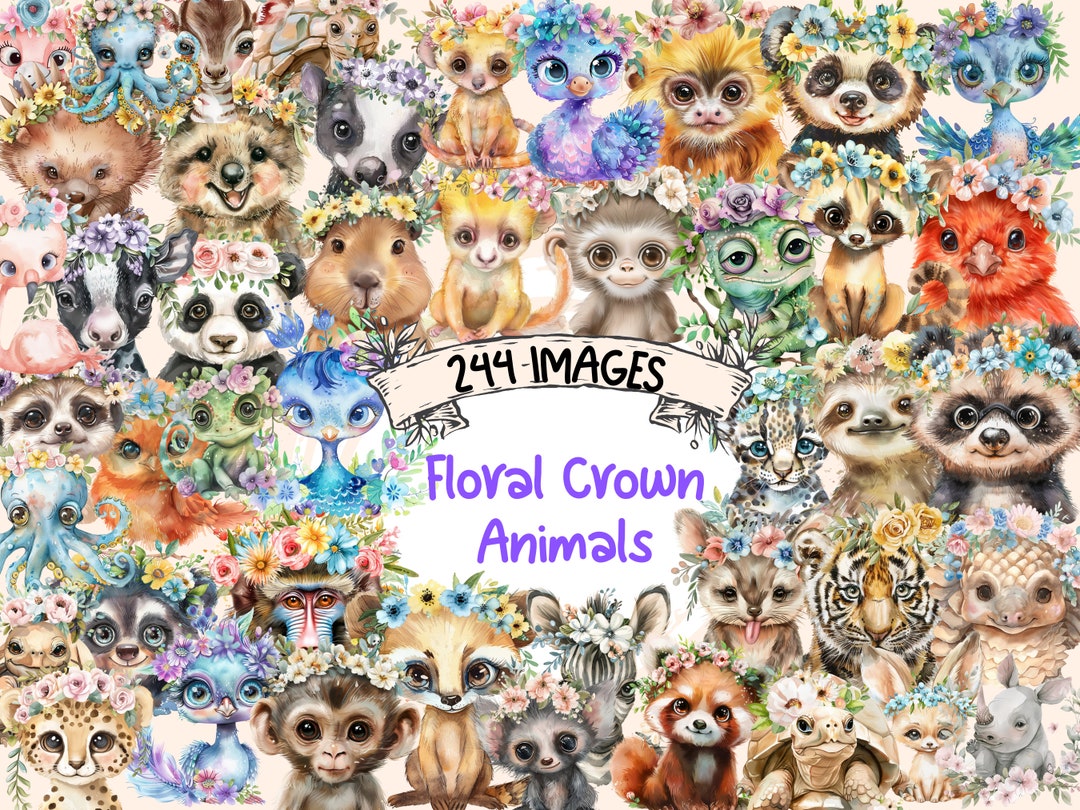 Watercolor Floral Crown Animals Clipart Bundle: 244 PNG Images (digital ...