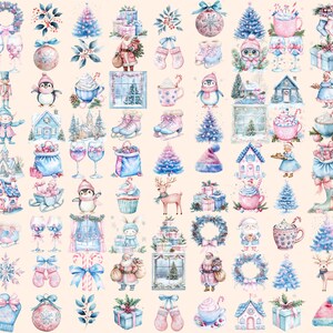 Pink & Blue Christmas Clipart Bundle: Watercolor Festive Images (PNG ...