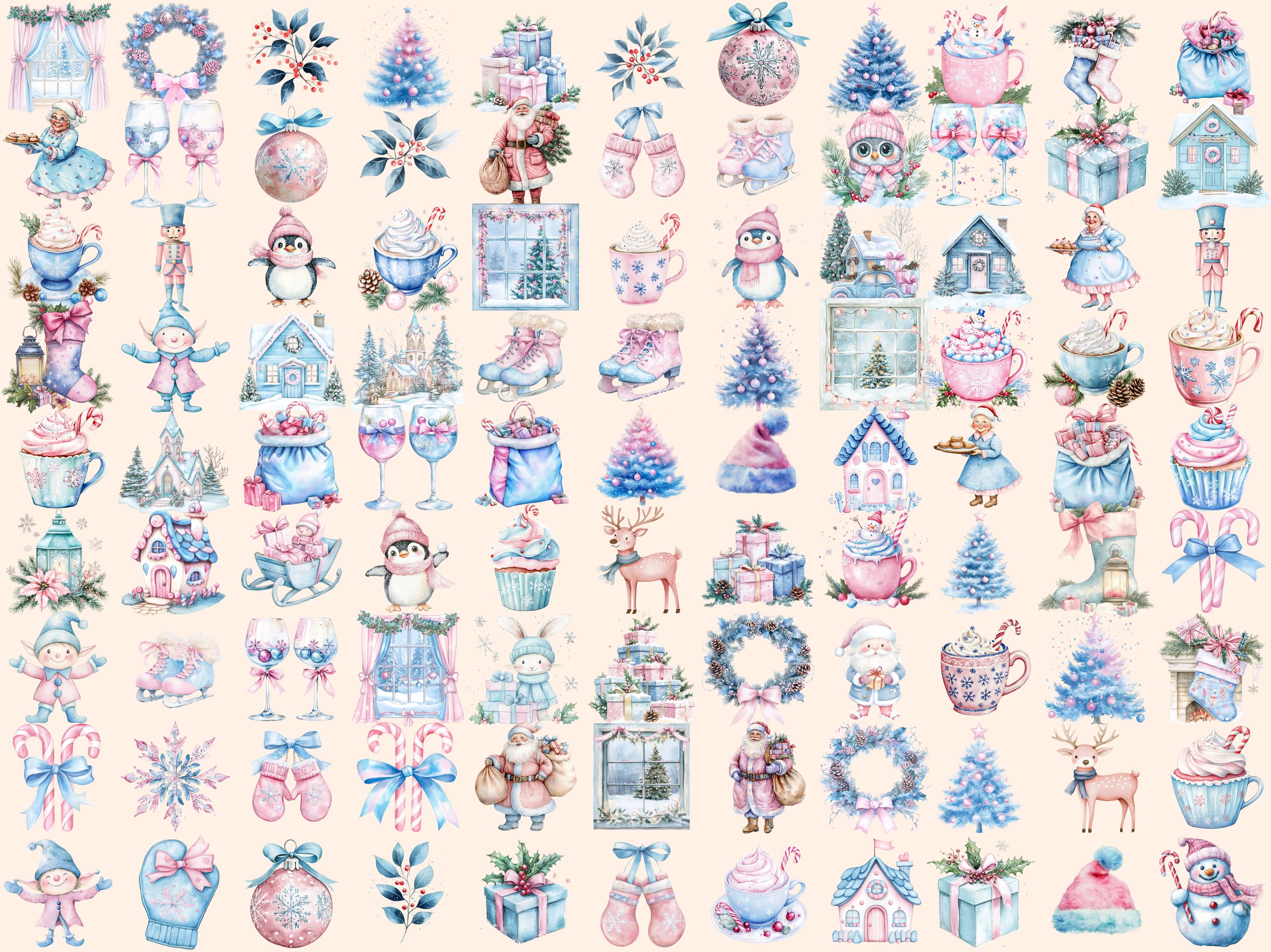 Pink & Blue Christmas Clipart Bundle: Watercolor Festive Images (PNG ...