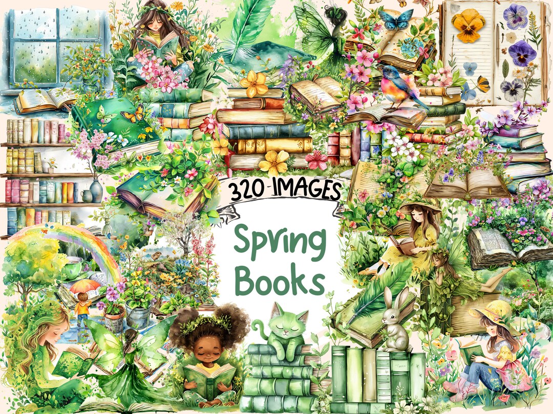 Spring Books Watercolor Clipart Bundle: 320 PNG Images (digital ...