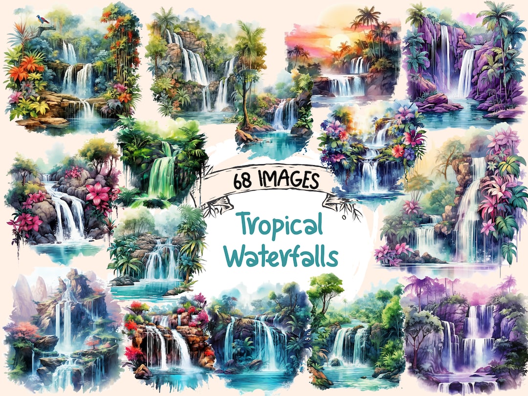 Tropical Waterfalls Watercolor Clipart: 68 PNG Images (digital Download ...