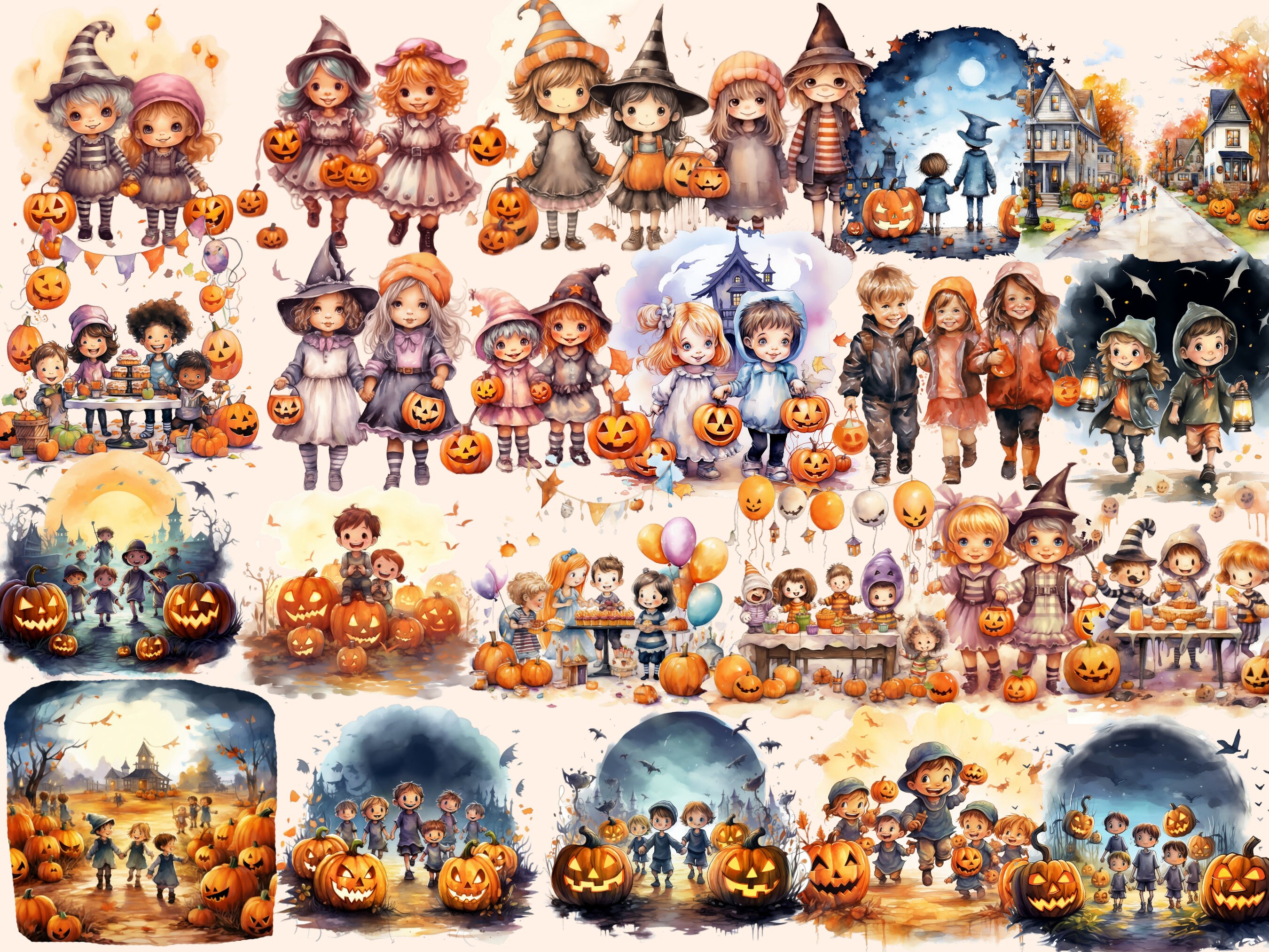 Watercolor Halloween Clipart Bundle: Trick or Treat Kids (217 PNG ...