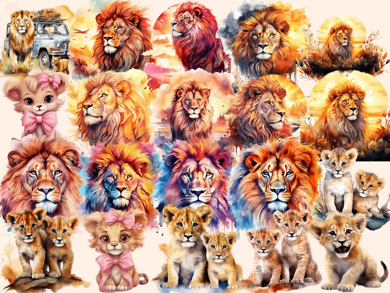 Lion Watercolor Clipart Bundle: 100+ Safari Animal PNG Graphics ...