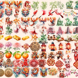 Chinese New Year Watercolor Clipart Bundle: Festive PNG Images (digital ...