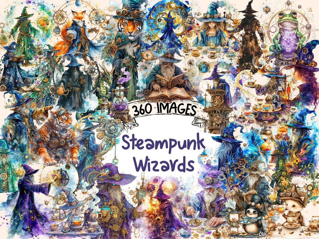 Steampunk Wizards Watercolor Clipart: 360 PNG Graphics (digital ...