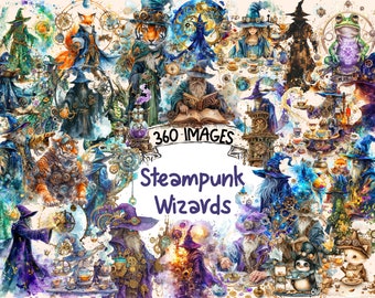 Steampunk Wizards Watercolor Clipart: 360 PNG Graphics (digital ...