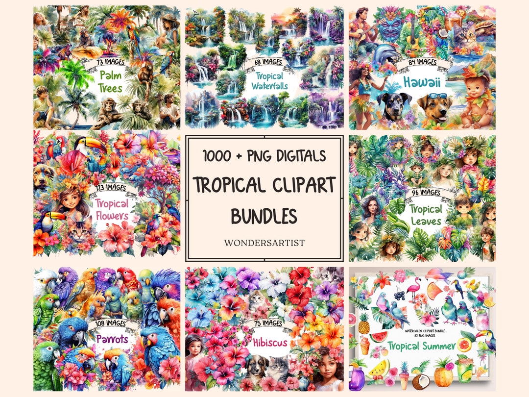 Watercolor Tropical Clipart Bundle: 1000+ PNG Graphics (digital ...