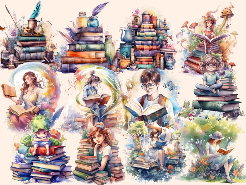 Bookworms Watercolor Clipart Bundle 85 Magical Enchanting - Etsy