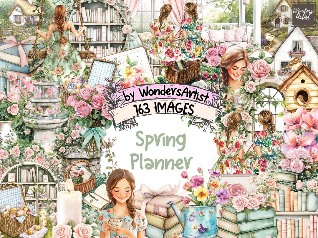 Watercolor Spring Planner Clipart: 163 Floral PNG Graphics (digital ...