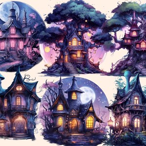 Moonlight Fairy Houses Watercolor Clipart Bundle - 34 Magical Fantasy ...