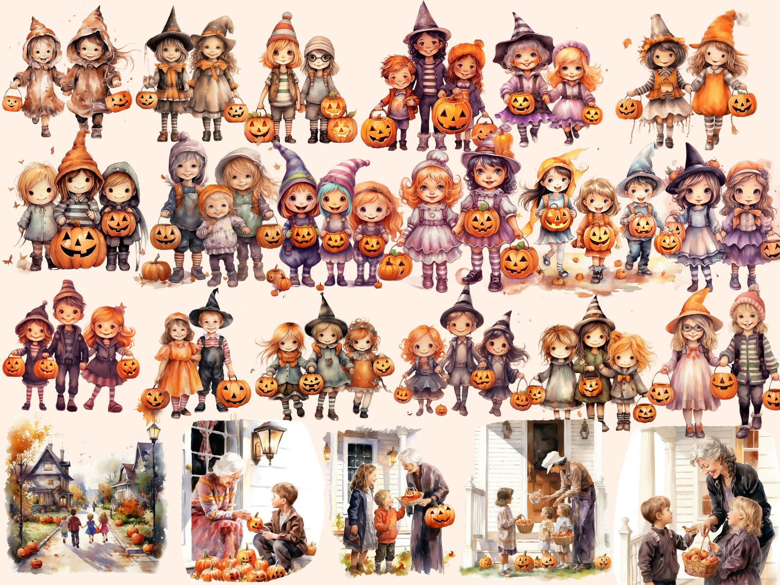 Watercolor Halloween Clipart Bundle: Trick or Treat Kids (217 PNG ...