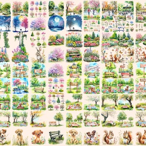 Spring Parks Watercolor Clipart Bundle - 450 PNG Springtime Park Scenes ...