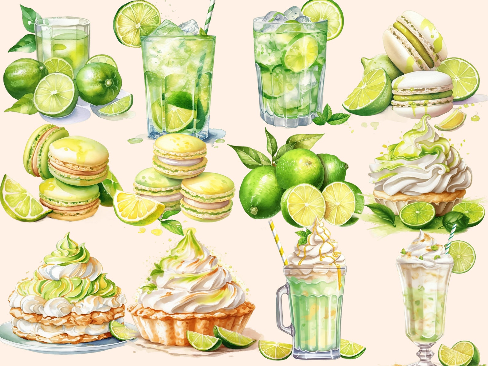 Key Lime Watercolor Clipart Bundle: 107 PNG Images (commercial Use ...