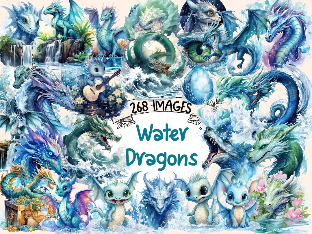 Watercolor Water Dragons Clipart Bundle: 268 PNG Graphics (digital ...