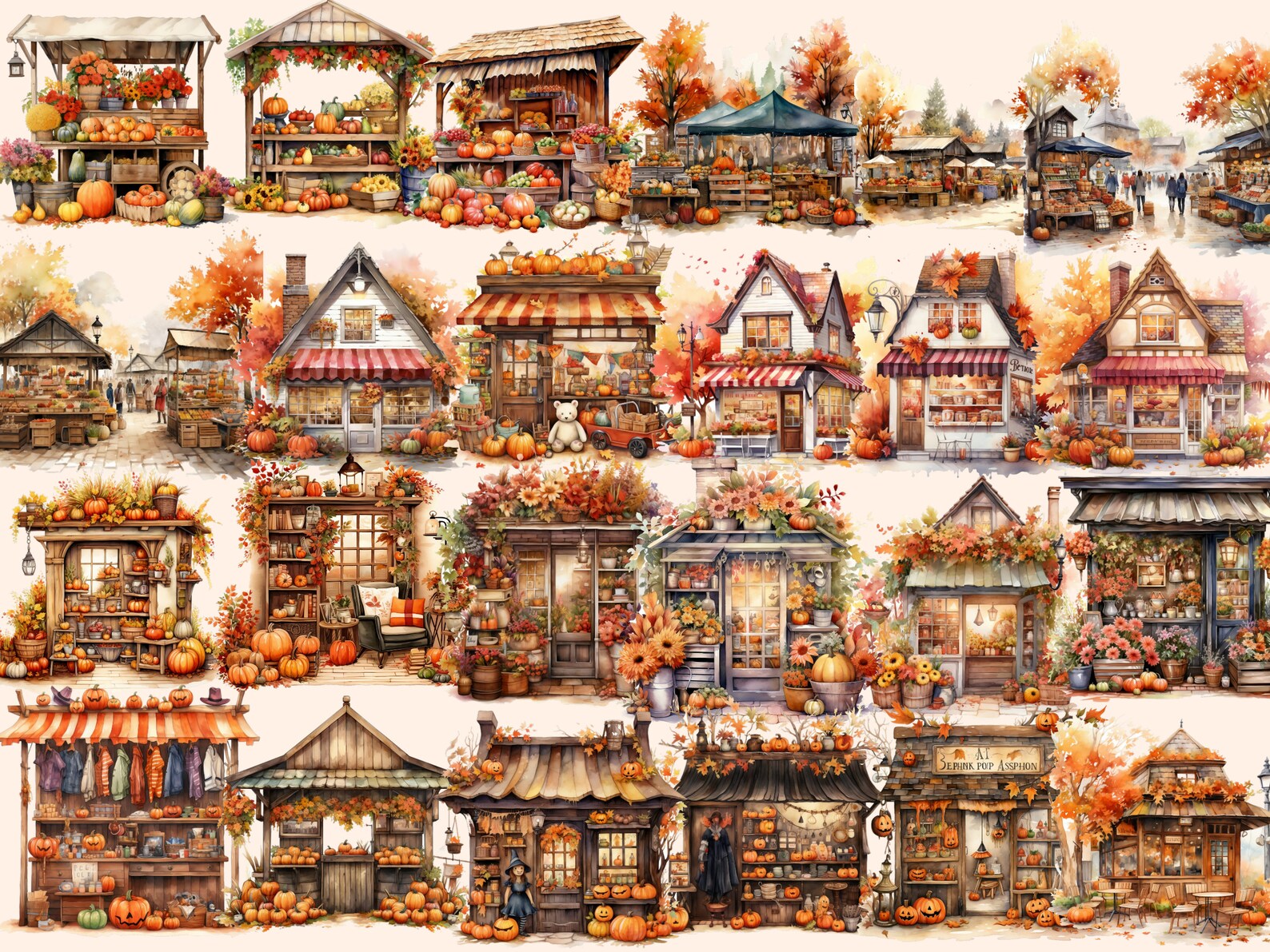 Watercolor Autumn Storefront Clipart Bundle: 128 Fall Shop PNG Graphics ...