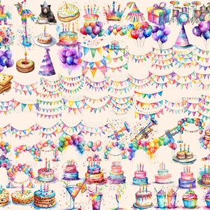 Birthday Party Watercolor Clipart Bundle - 531 PNG Sweet Images for ...