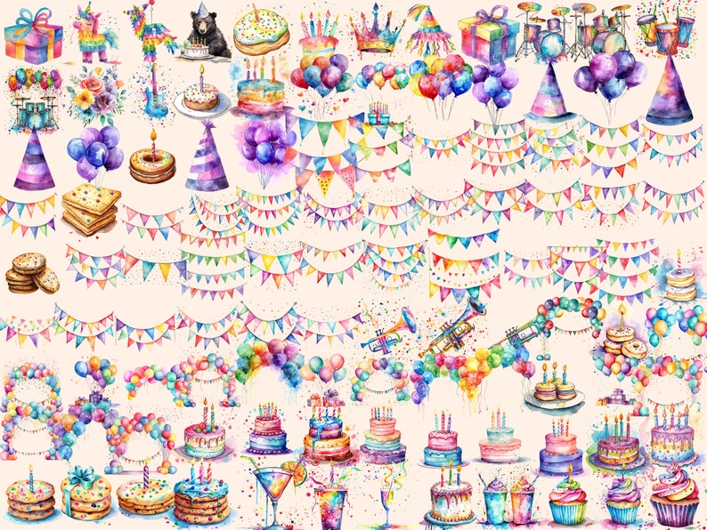 Watercolor Birthday Party Clipart Bundle: 531 PNG Images (digital ...