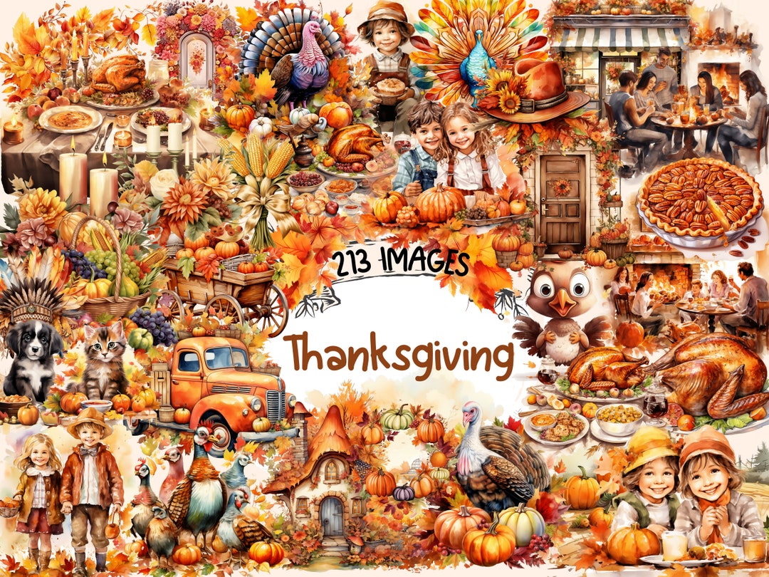 Thanksgiving Watercolor Clipart Bundle: 213 Festive PNG Images (digital ...