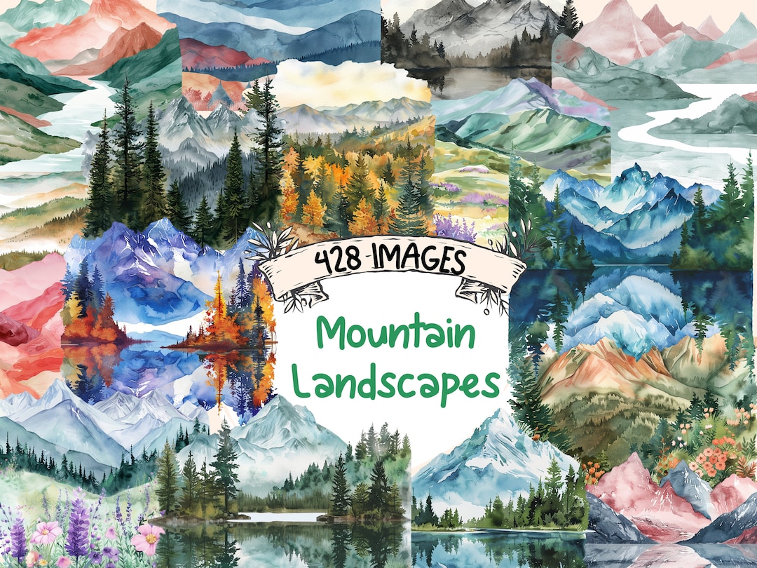 Mountain Landscapes Watercolor Clipart Bundle - 428 PNG Mountains ...