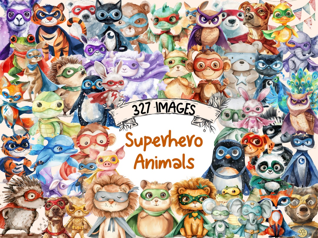 Watercolor Superhero Animals Clipart Bundle (327 PNG Images) (digital ...