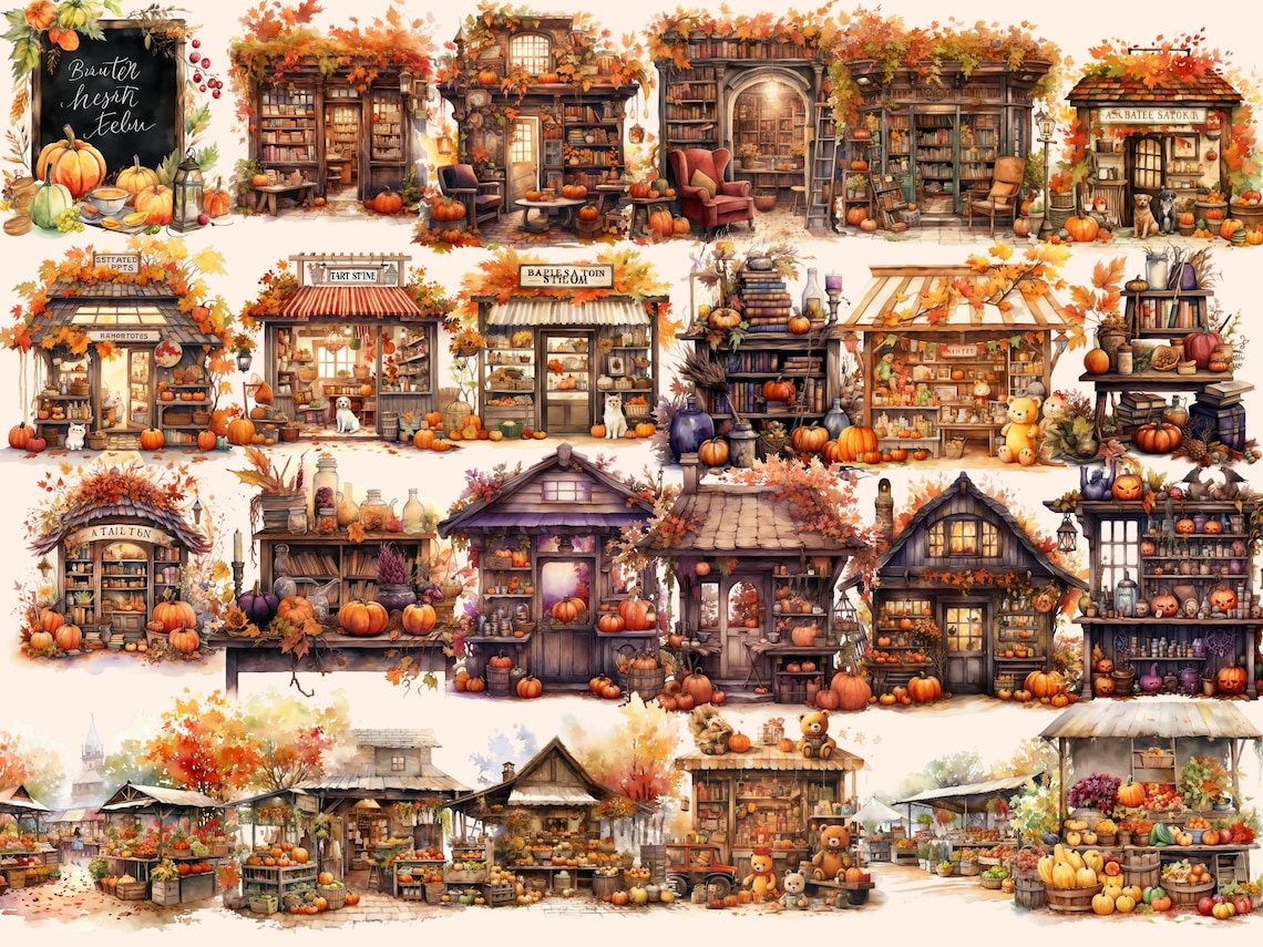 Watercolor Autumn Storefront Clipart Bundle: 128 Fall Shop PNG Graphics ...