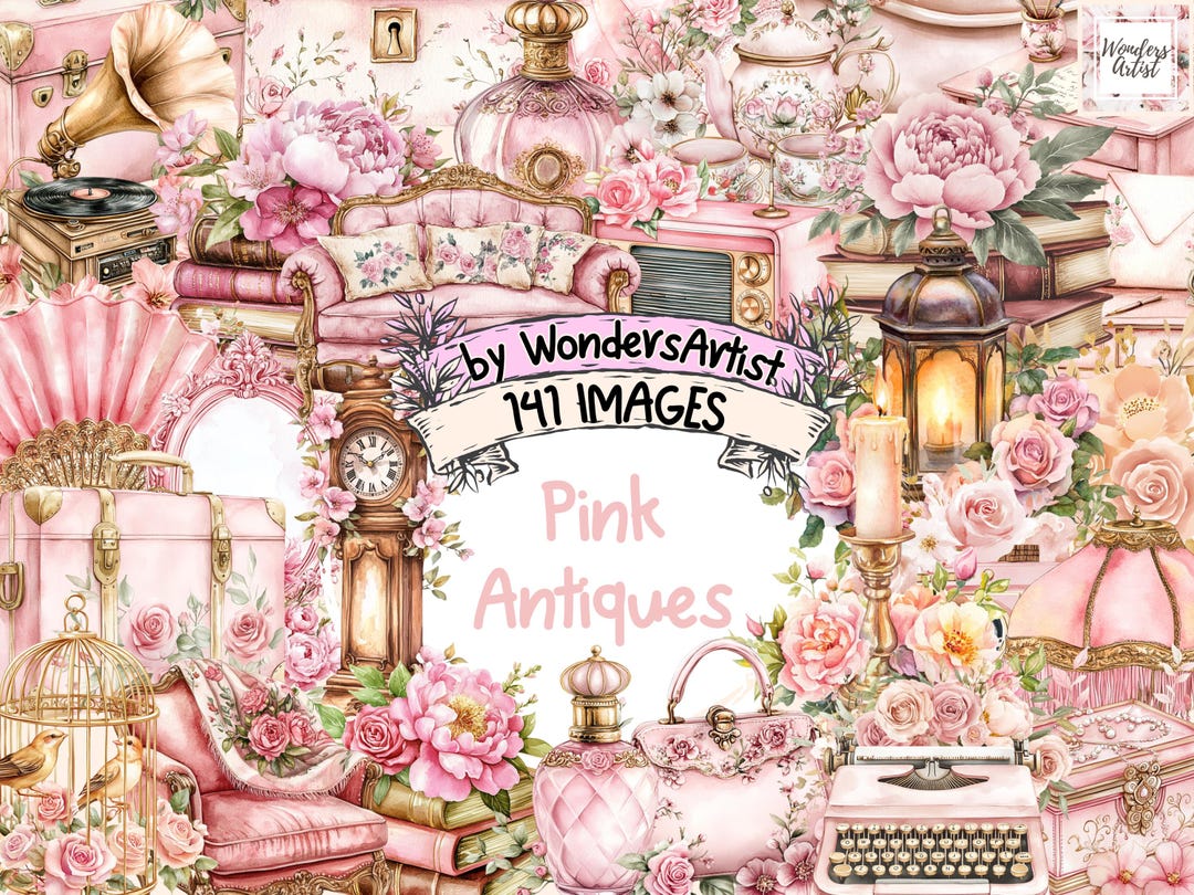 Pink Antiques Watercolor Clipart: Vintage Illustrations (141 PNG Images ...