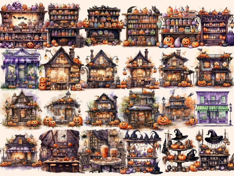 Halloween Storefronts Clipart: 207 Spooky Watercolor PNG Images ...
