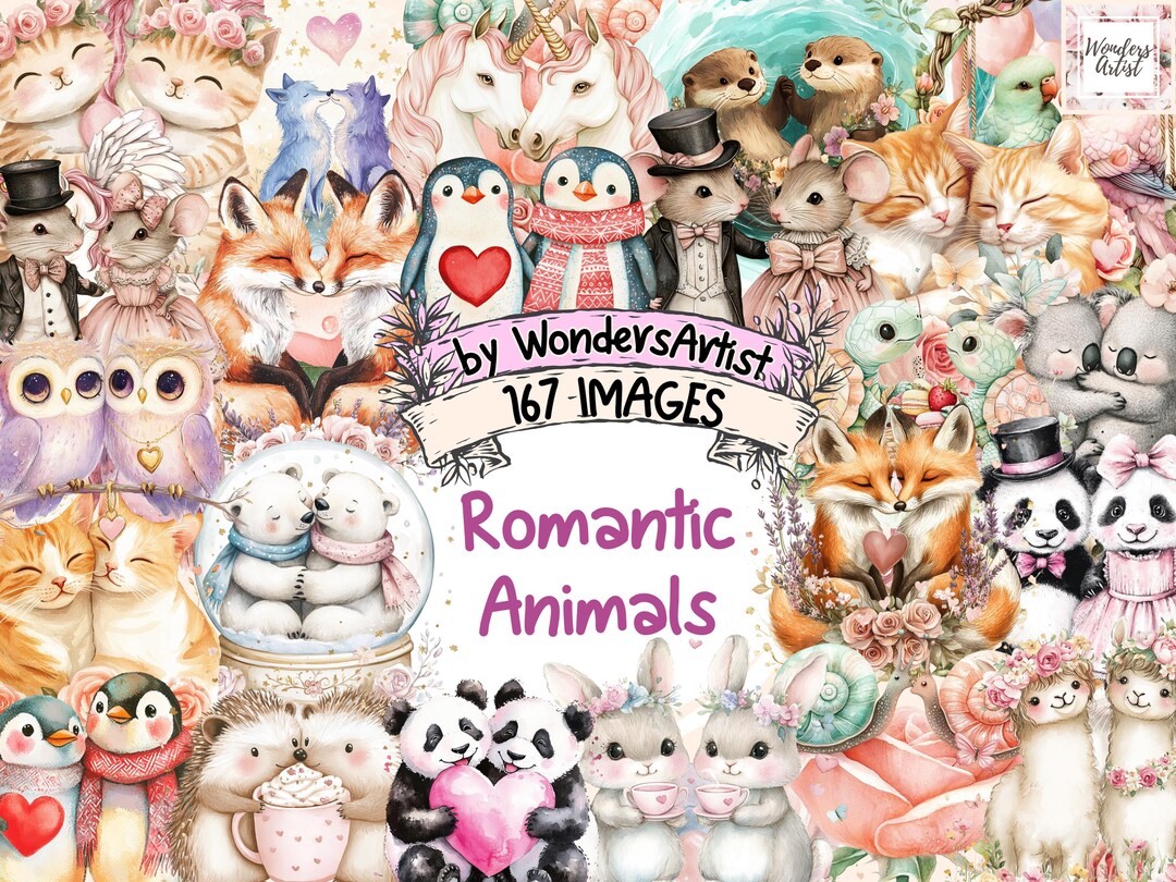 Romantic Animals Watercolor Clipart Bundle - 167 PNG Valentine's Day ...