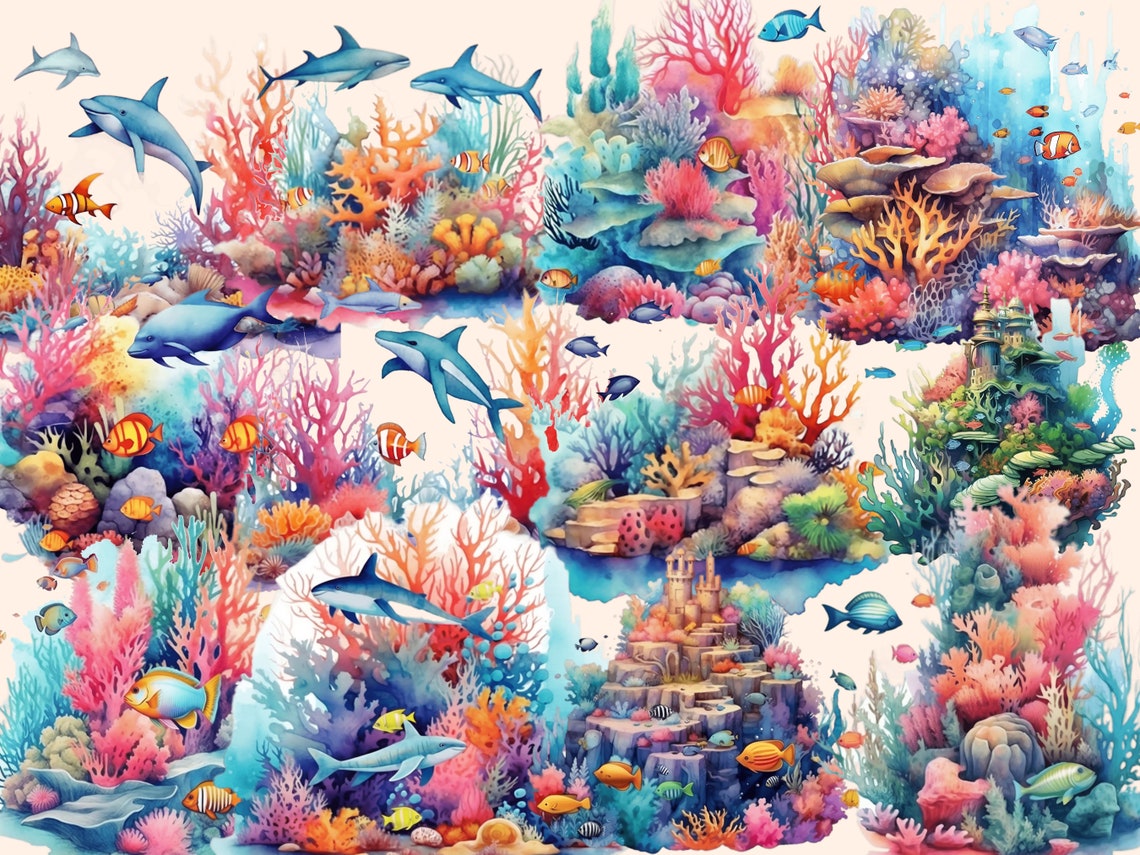 Watercolor Coral Reef Clipart Bundle: 72 Sea Reef PNG Graphics (digital ...
