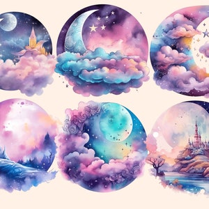 Dreamy Moons Watercolor Clipart Bundle - 40 PNG Images of Fantasy ...