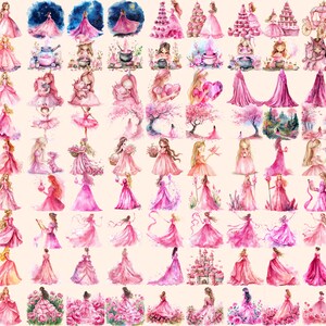 Pink Princess Watercolor Clipart Bundle: 503 PNG Images (digital ...