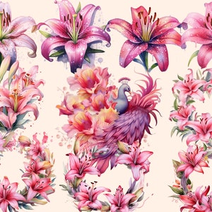 Pink Lilies Watercolor Clipart Bundle - 101 PNG Lily Flower Images ...