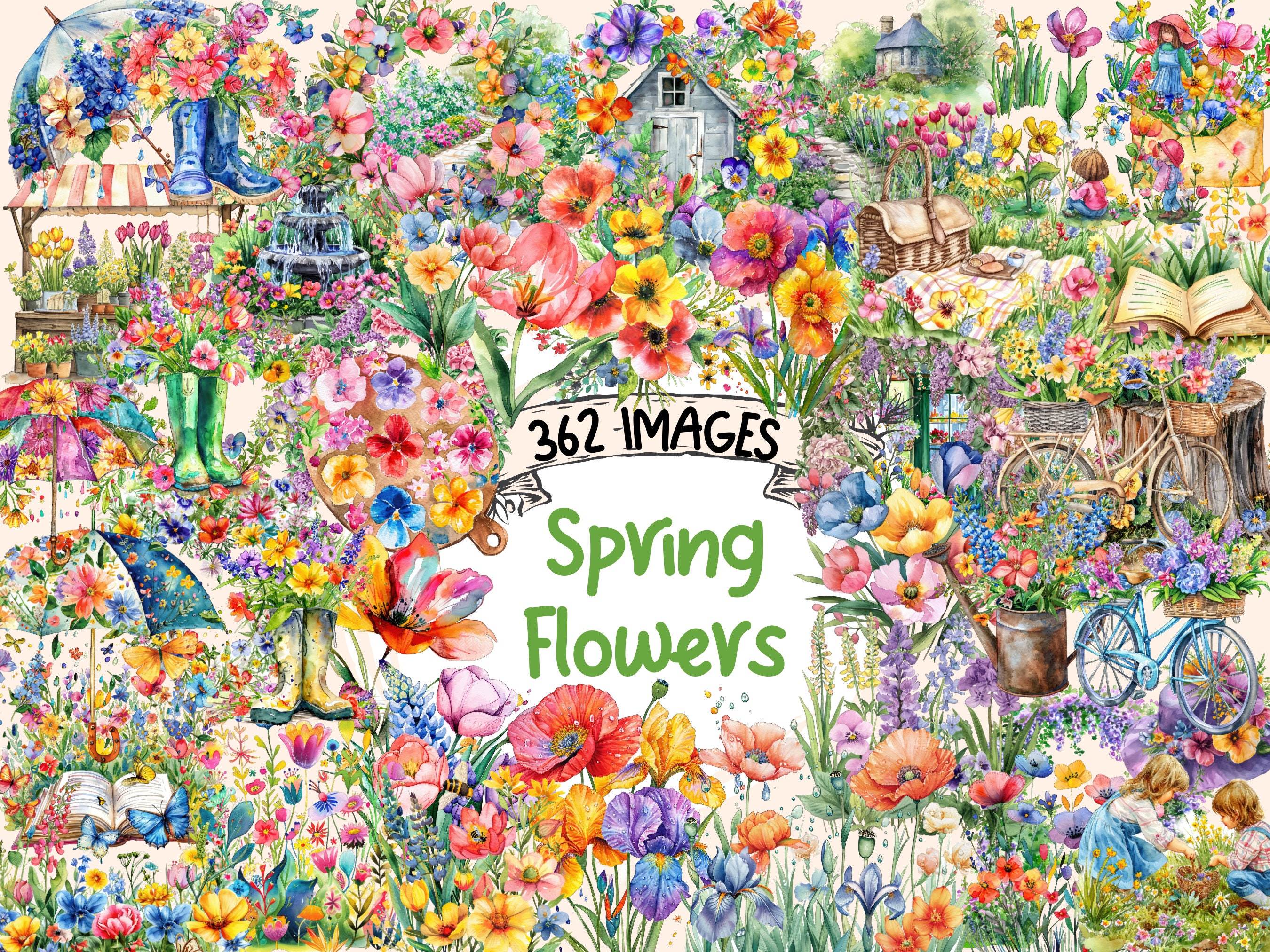 Spring Flowers Clipart Bundle: 362 Floral PNG Graphics (digital ...