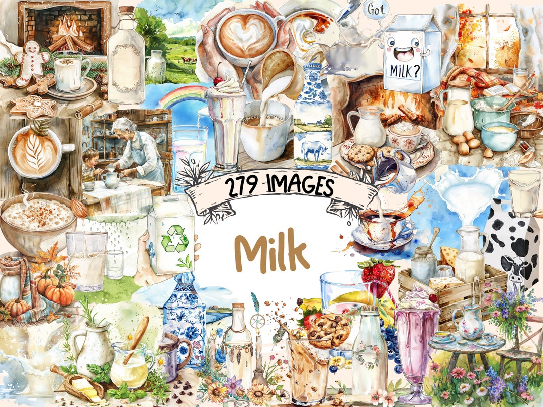 Milk Watercolor Clipart Bundle - 279 PNG Dairy Product Images, Milk ...