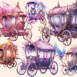 Fairy Carriages Watercolor Clipart Bundle - 120 PNG Fairytale Images ...