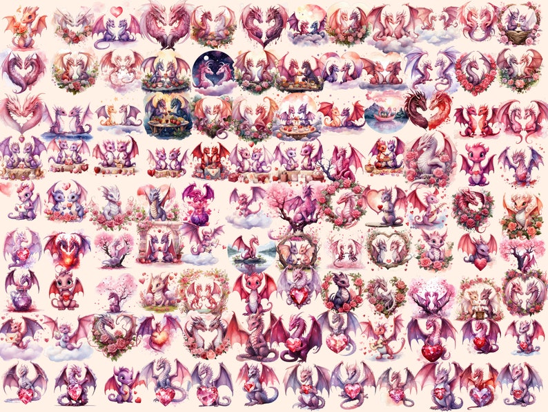 Romantic Dragons Watercolor Clipart Bundle: Valentine's Day PNG ...