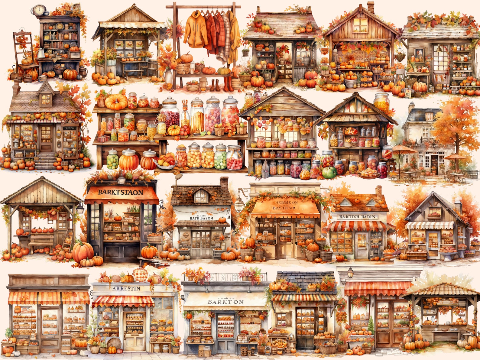 Watercolor Autumn Storefront Clipart Bundle: 128 Fall Shop PNG Graphics ...