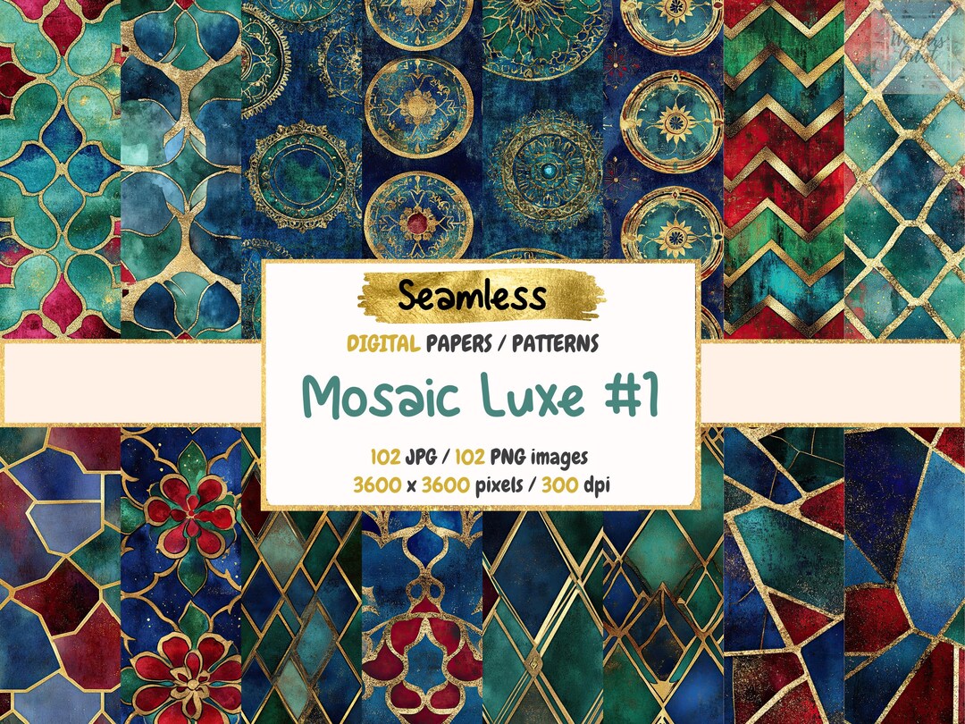 Mosaic Luxe Digital Paper: Stained Glass Geometric Patterns (commercial ...