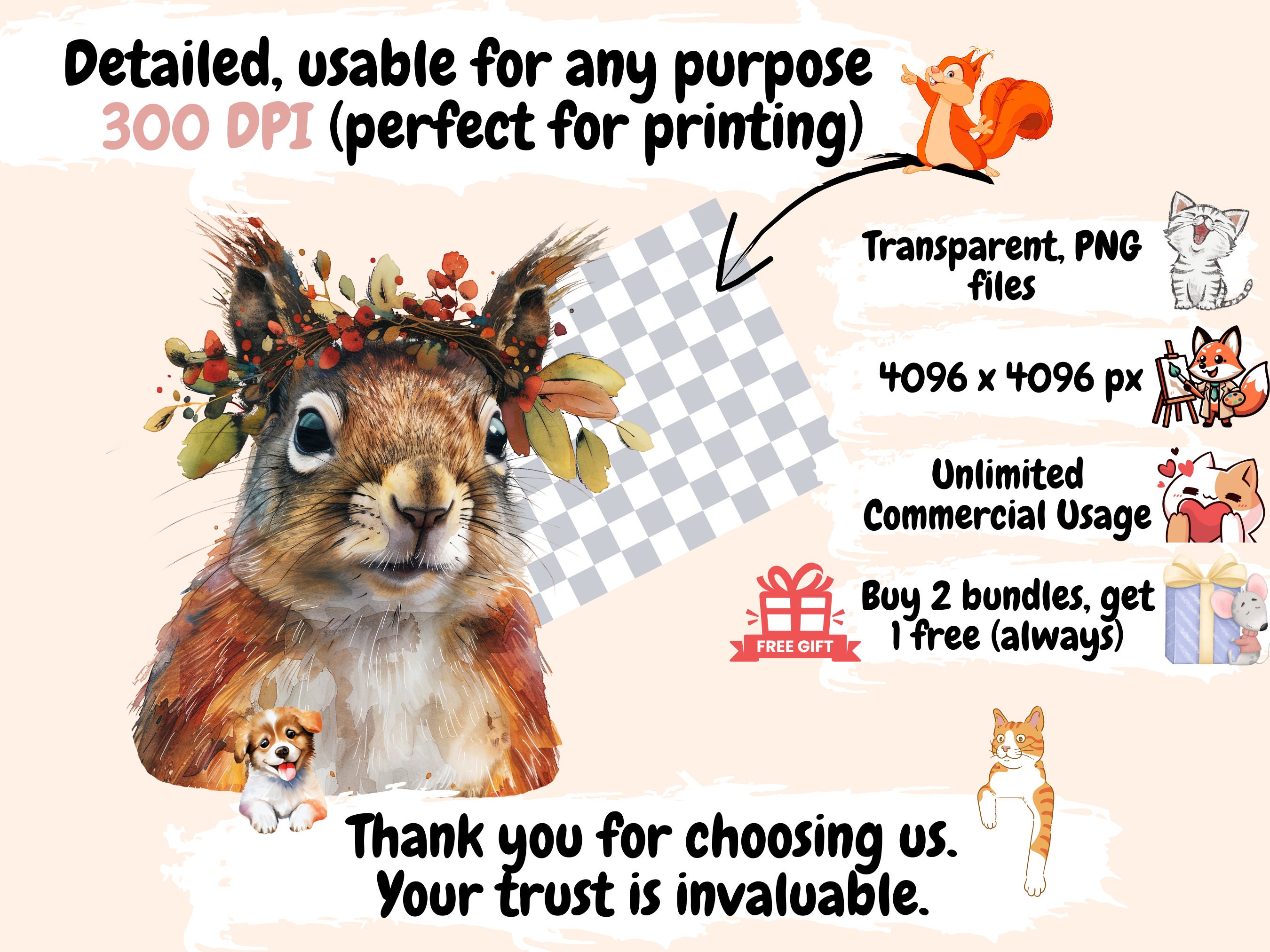 Squirrels Watercolor Clipart Bundle: 348 PNG Woodland Graphics (digital ...
