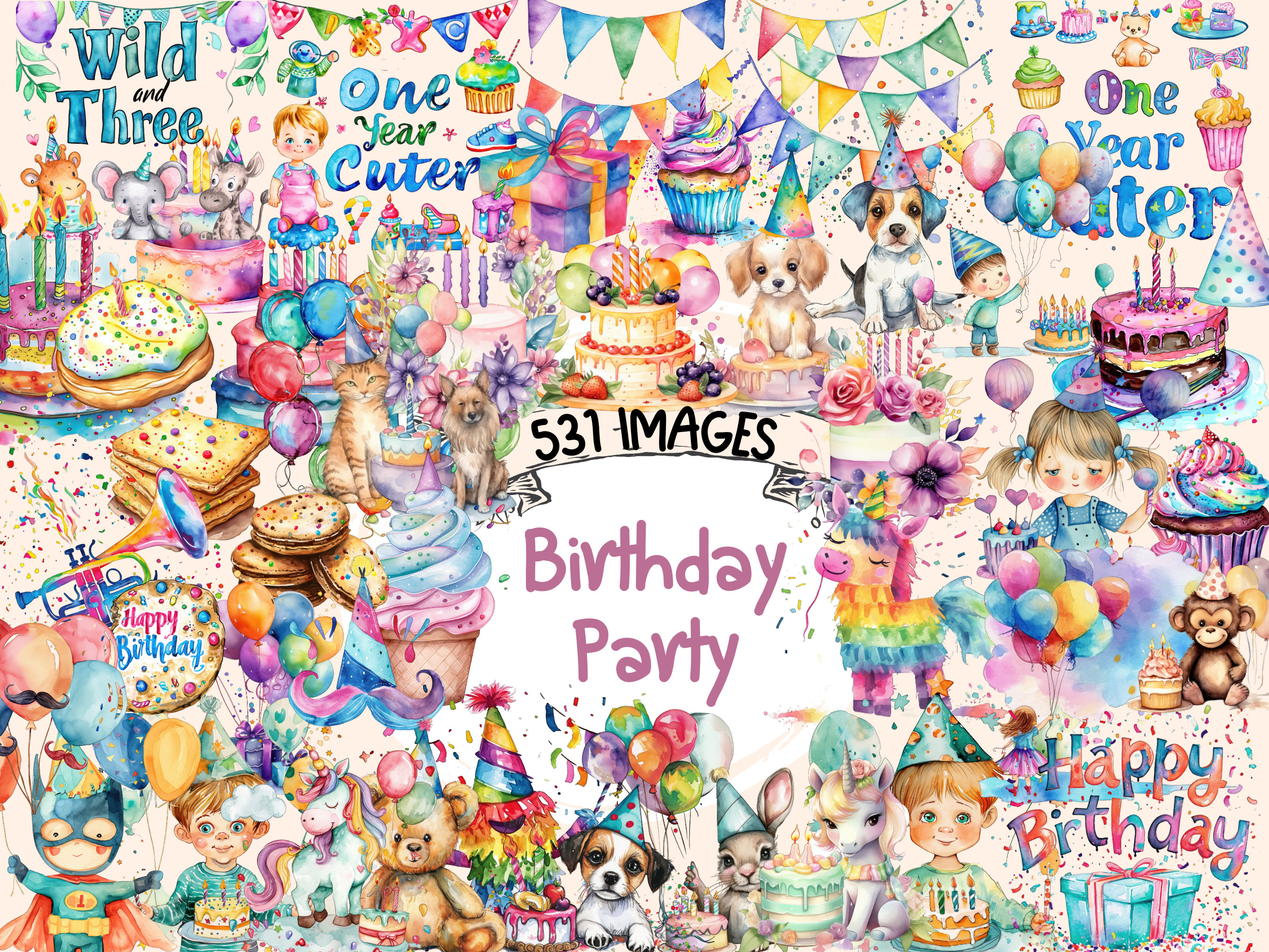 Watercolor Birthday Party Clipart Bundle: 531 PNG Images (digital ...