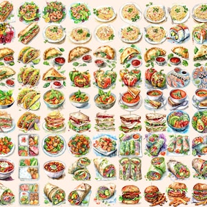 Lunch Foods Watercolor Clipart Bundle - 299 PNG Tasty Midday Meal ...