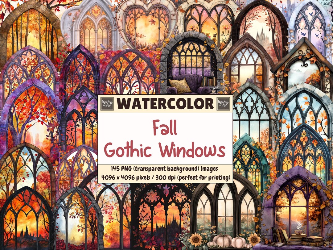 Fall Gothic Windows Watercolor Clipart: Spooky Autumn PNG Graphics ...