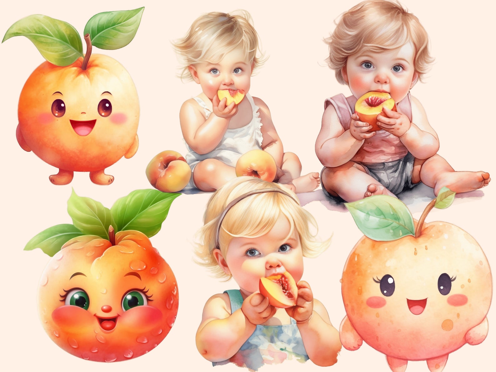 Watercolor Peach Clipart Bundle: Summer Fruit PNG Images (commercial ...