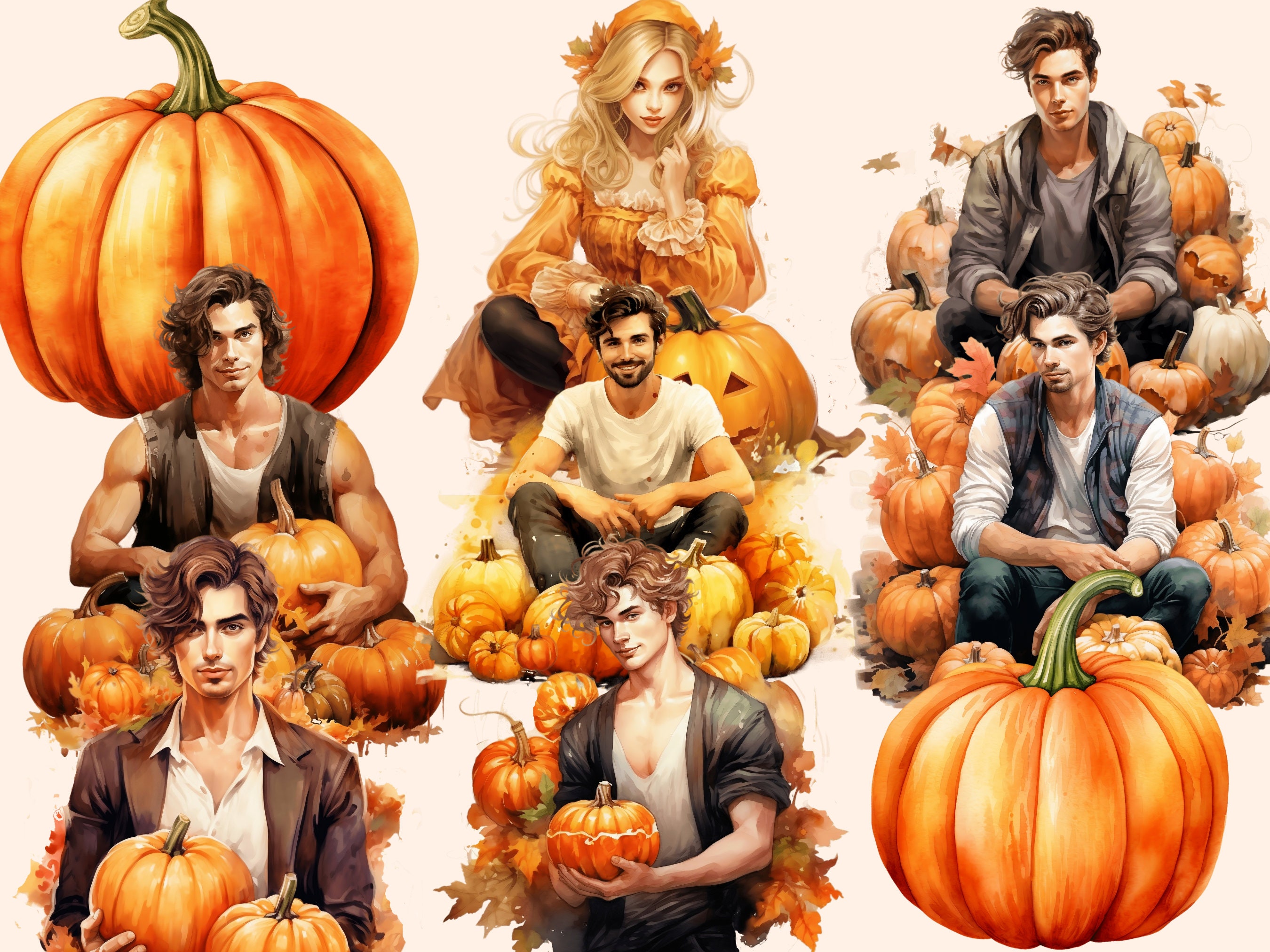 Watercolor Pumpkin Clipart Bundle: 66 Fall Halloween PNG Images ...