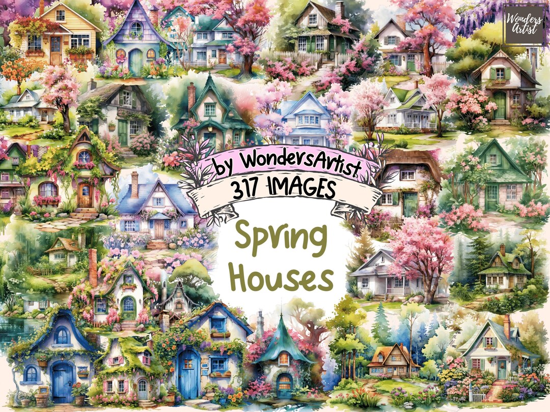 Spring Houses Watercolor Clipart Bundle - 317 PNG Cute Springtime House ...
