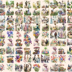Victorian Spring Watercolor Clipart Bundle - 343 PNG Springtime Scene ...