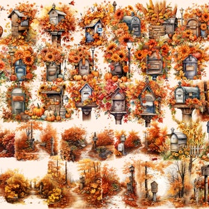 Autumn Mailboxes Watercolor Clipart Bundle - 211 PNG Fall Mailbox ...