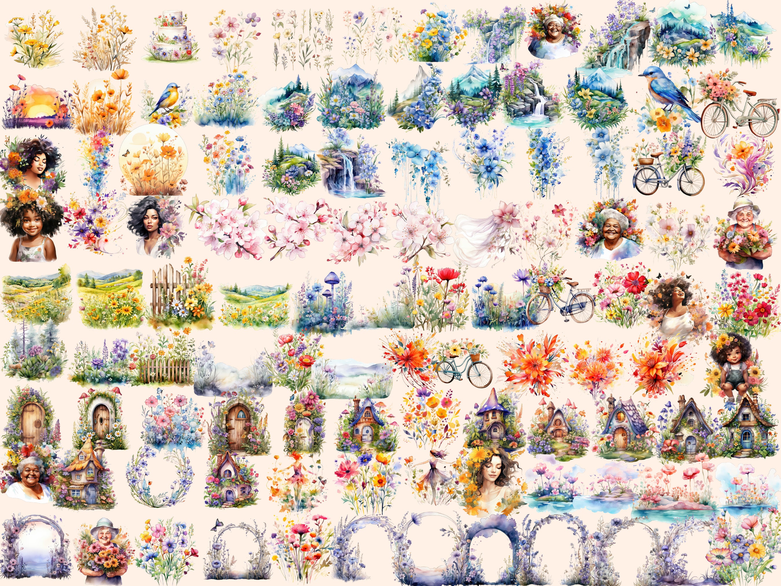 Watercolor Wildflowers Clipart Bundle: 438 PNG Spring Images (digital ...